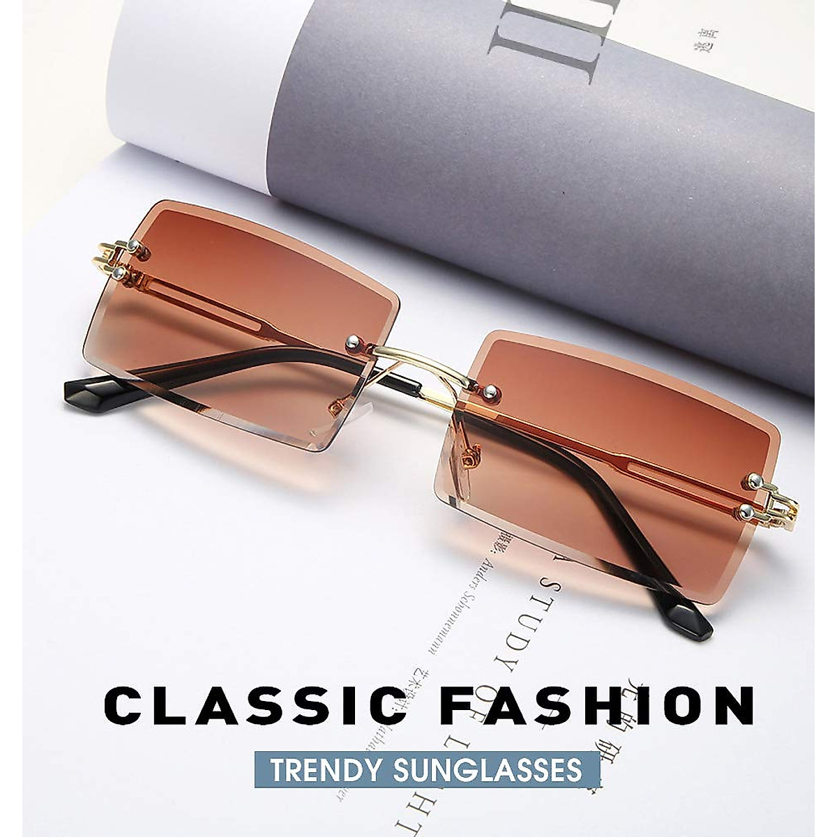 Dollger Rimless Rectangle Sunglasses Y2K Glasses For Women Men Frameless Trendy rimless glasses Retro 90s Sunglasses DARK TEA