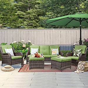 Gardenbee Patio Conversation Set 5-PCS Wicker Outdoor Furniture Conversation Set with 3-Seat Sofa, 2 Armchair, 2 Ottoman Patio Rattan Wicker Sectional Sofa Set with Olefin Cushion, Green