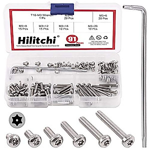 Hilitchi 90Pcs 6Sizes M3 Button Head Torx Security Screws Stainless Steel Tamper Proof Screws w T10 Bit, M3x4/6/8/12/16/20