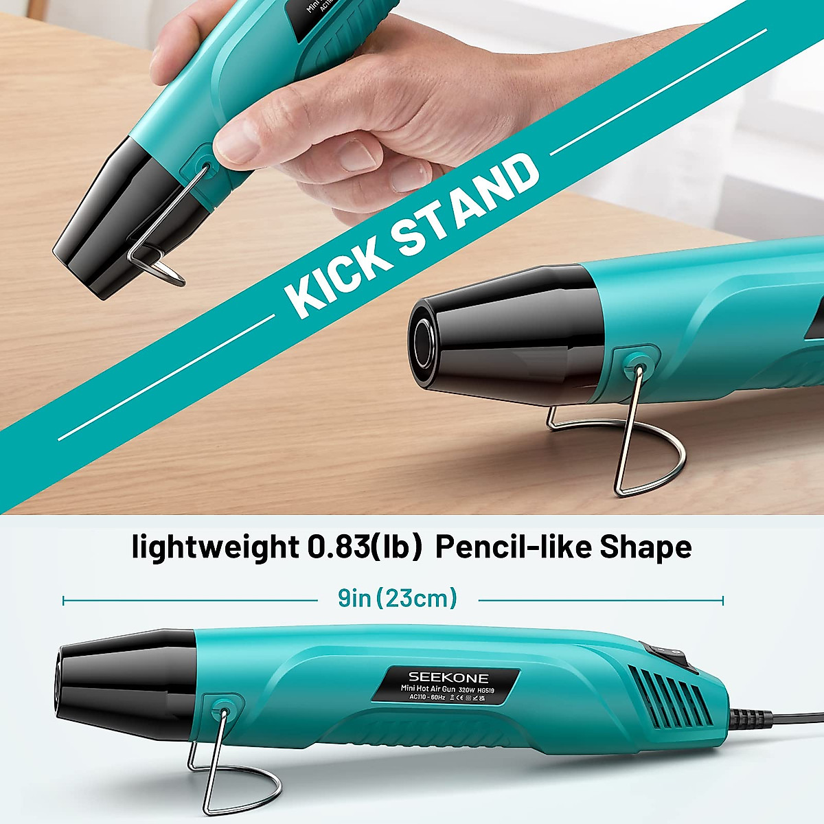 SEEKONE Handheld Heat Gun, 662℉ Portable Mini Hot Air Gun with 4.9Ft Long Cable, Overheat Protection and Fast Heating Reflector Nozzle for DIY, Craft Embossing, Shrink Wrapping, Electronics