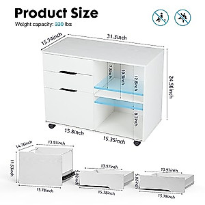 OLIXIS 3 Drawer Wood File Cabinet Small Mobile Lateral Filing Printer Stand Storage with Open Shelf Shelves for Home Office, White
