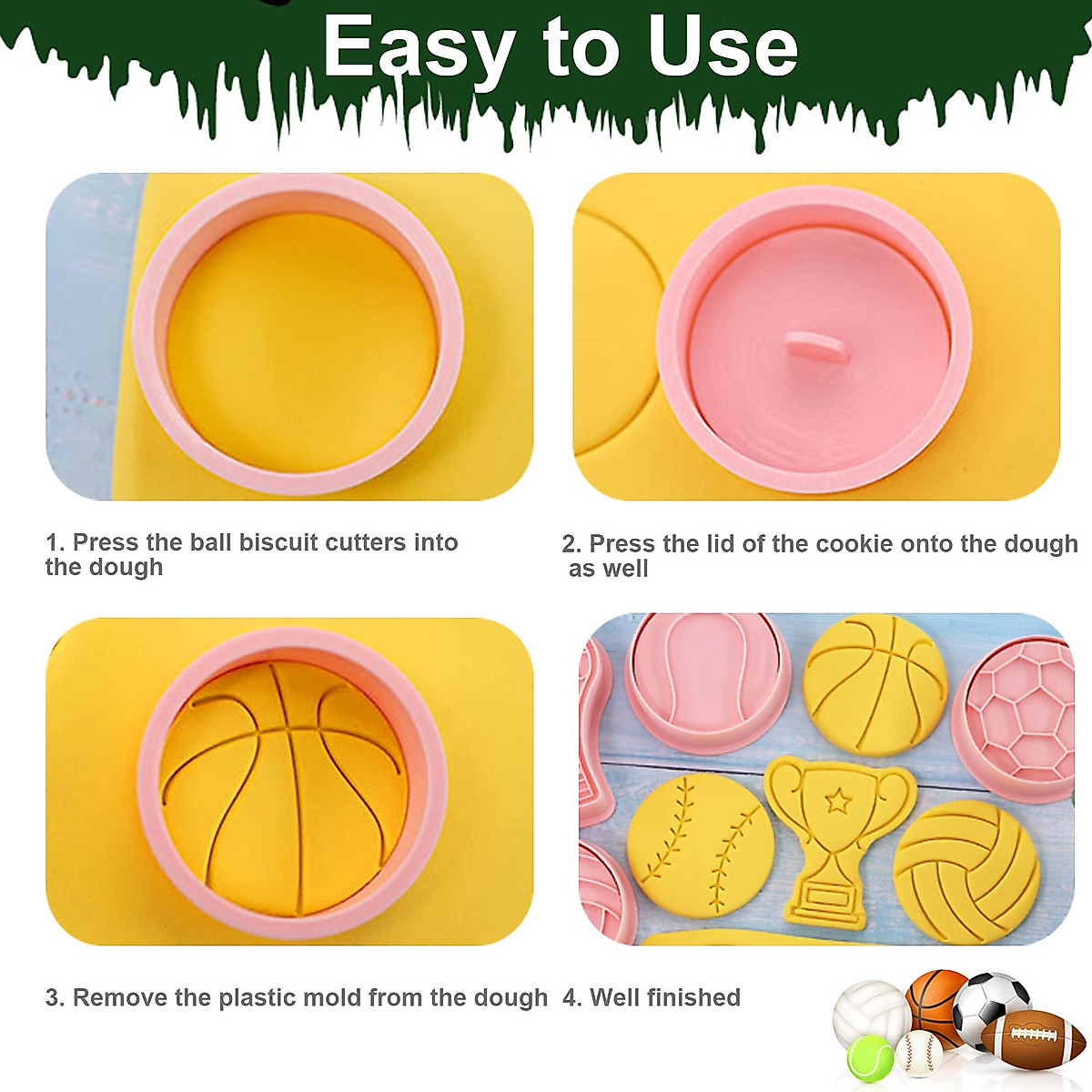 8 Pieces Cookie Cutters Sports Ball 3D Football Volleyball Soccer Basketball Shape Biscuit Cutter Cookie Stamps Mold for DIY Cookie Baking Supplies