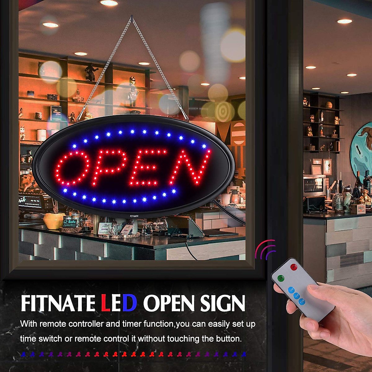 FITNATE LED Open Sign with Remote, Ultra Bright Electric Light Up Signs for Business, Timing Function, 2 Lighting Modes Flashing & Steady, Advertisement Board for Store, Bar, Hotel, Cafe (19x10 in)