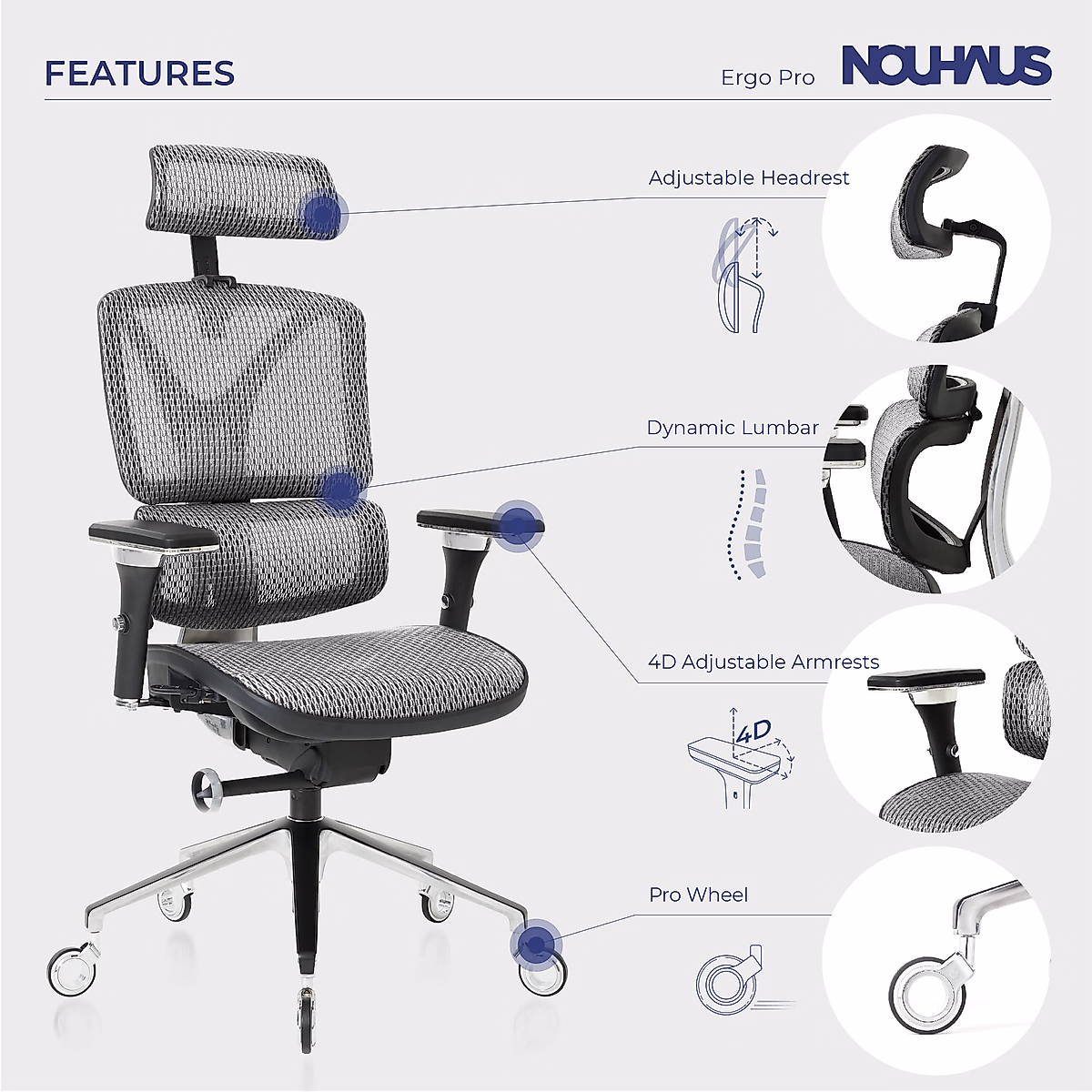 Nouhaus Ergonomic Office Chair Lumbar Support Aluminum Alloy Backrest, Big and Tall Mesh Computer Desk Chair with Adjustable Headrest, 4D Armrest and Premium Wheels(ErgoPRO,Silver)