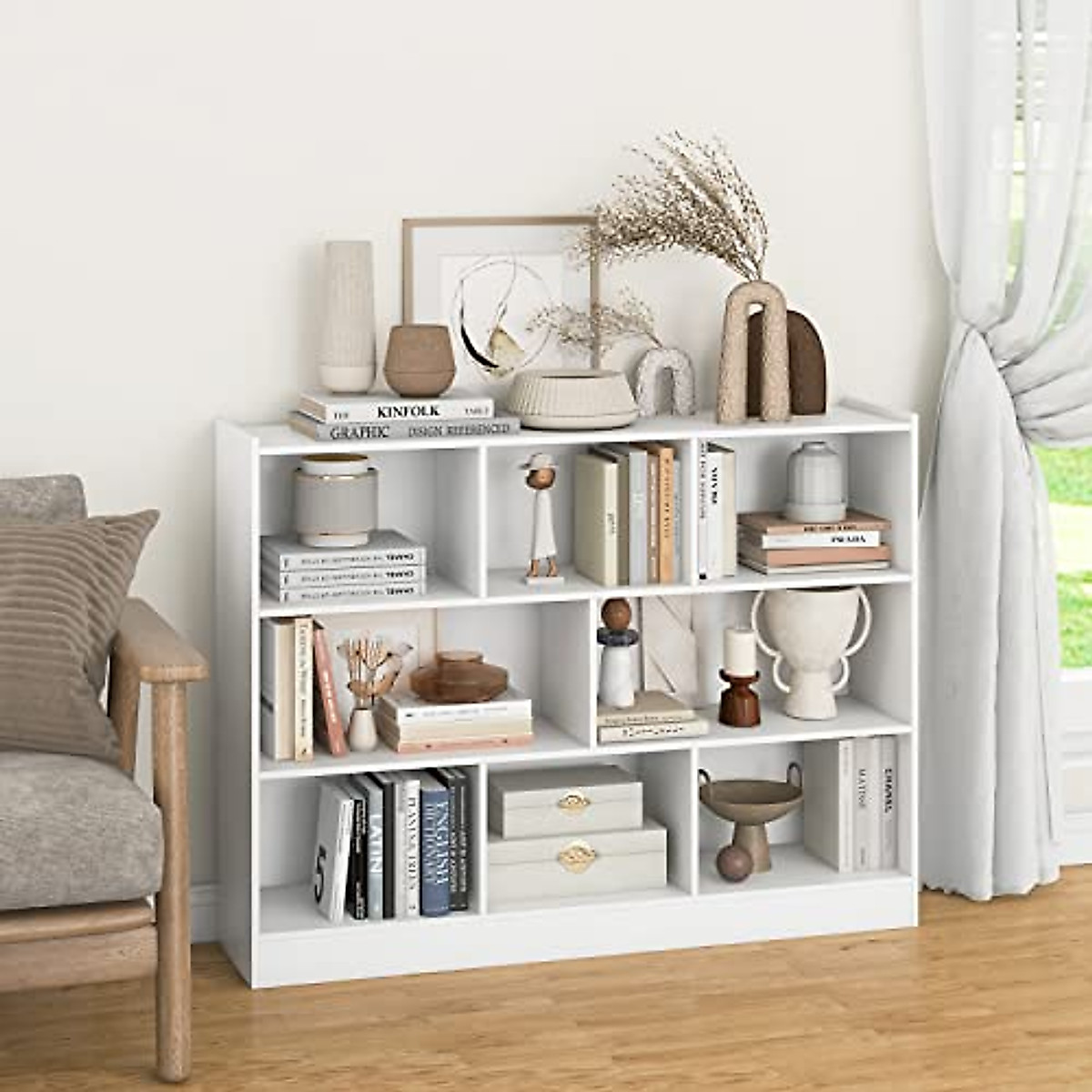 IFANNY 3 Tier Bookcase, Modern Bookshelf with 8 Storage Cubes, Wood Storage Cube Shelves, Small Bookshelves for Small Spaces, Book Shelf for Bedroom, Living Room, Home Office (White)