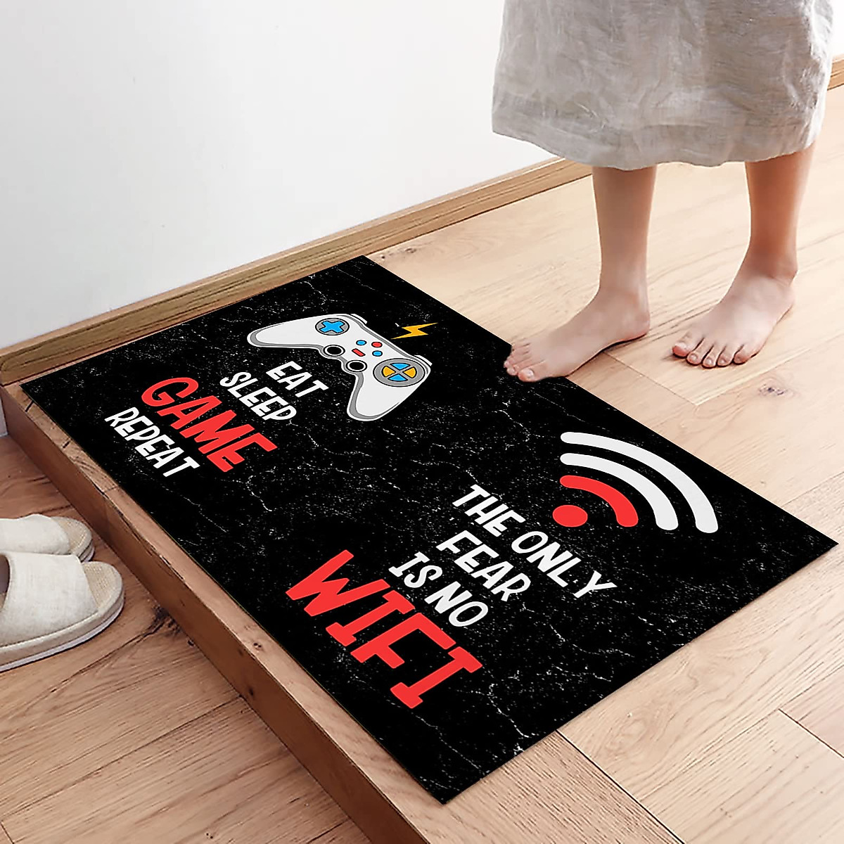 Video Game Art Funny Quotes Doormats Indoors Entrance Door Mat,Games Gamer Gamepad Earphone Waiting to Load Black Front Entry Way Welcome Kitchen Floor Door Mats,Bath Mats Accent Runner Rug,20x32