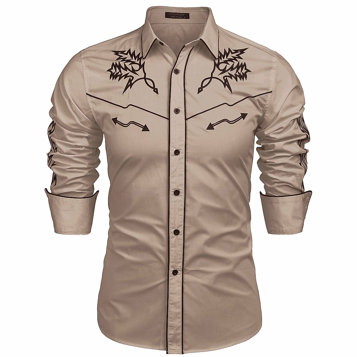 COOFANDY Mens Western Cowboy Shirt Embroidered Denim Long Sleeve Casual Button Down Shirt (Large, Khaki)