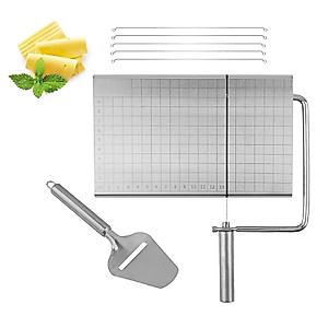CALIDAKA Cheese Slicer & Cheese Cutter, Stainless Steel Cheese Slicer with 5 Replacement Wires,Cheese Cutter for Block Cheese, Metal Cheese Slicer Cutting Board