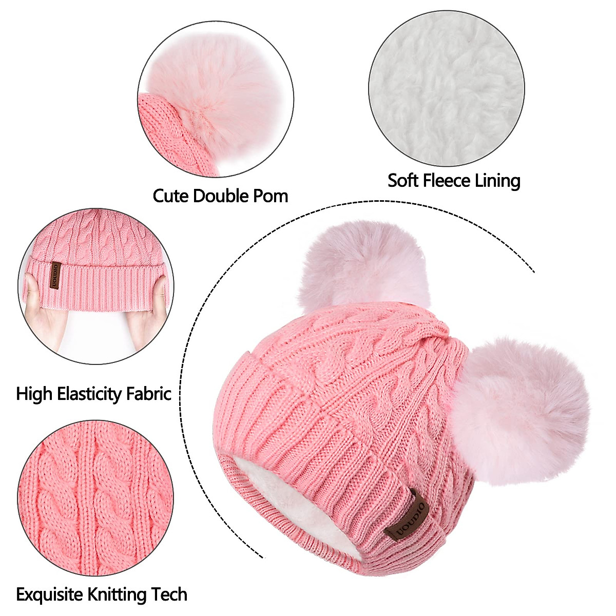 Kids Winter Hats Gloves Scarf Set for Girls Toddler Beanie Baby Neck Warmer Warm Thick Fleece Lining Thermal Pink Knit Cap with Cute Pom Pom for 6-10 Years Old, Gifts for Childrens