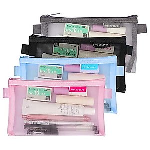 Skycase Multifunctional Mesh Pen Bag, 4PCS Zipper Mesh Bags, Clear Pencil Case Organizer Stationery Storage Bag for Office Supplies Cosmetics Makeup Travel Accessories