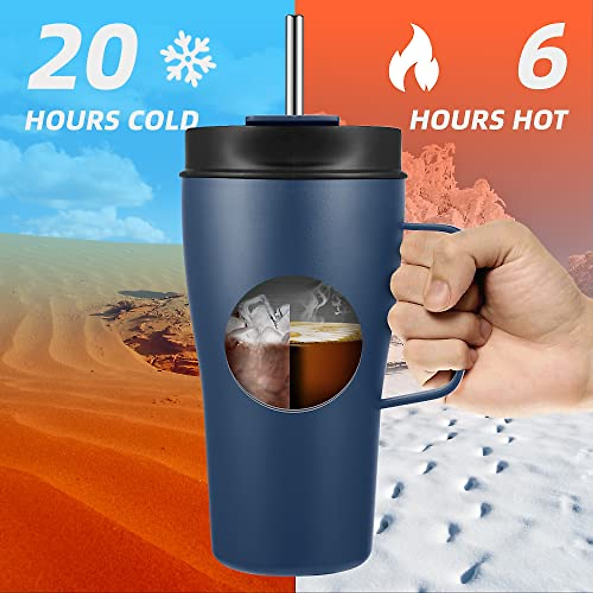 CIVAGO 20 oz Insulated Coffee Mug with Lid, Stainless Steel Coffee Travel Mug with Handle, Double Wall Vacuum Tumbler with Lid and Straw, Thermal Cup, Navy Blue