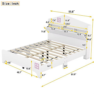 Full Bed with Storage Headboard, Wood Platform Bed with House Shaped Headboard, Kid Low Bed Frame with Shelf and Slats Support, No Box Spring Needed, White
