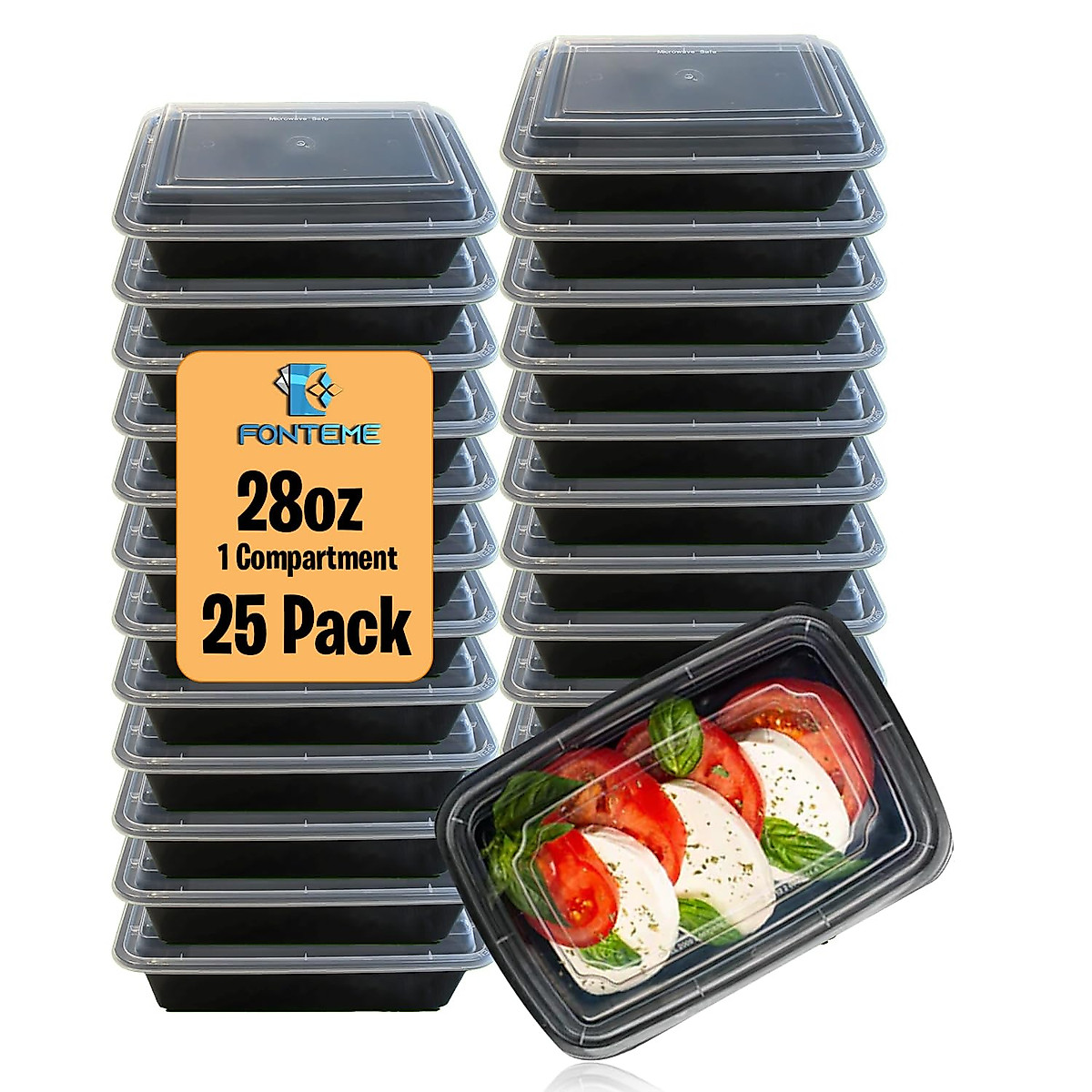 Fonteme Single Compartment Meal Prep - 25 Pack - Big Container with Airtight Lid – Freezer, Microwave & Dishwasher Safe – Stackable – BPA Free Plastic – Rectangular Meal Prep Container (Black) 28oz