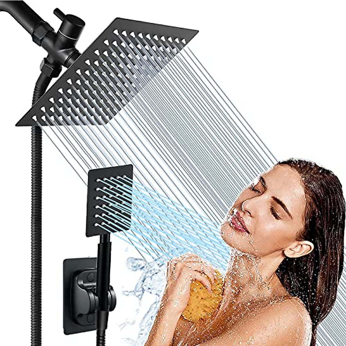 High Pressure Square Rain Shower Head Combo, Equipped with all Metal Hand Shower, 78" Extra Long Hose, 3-Way Diverter, Adhesive Shower Head Holder (WOSAISIUS Square Shower Head Set Black)