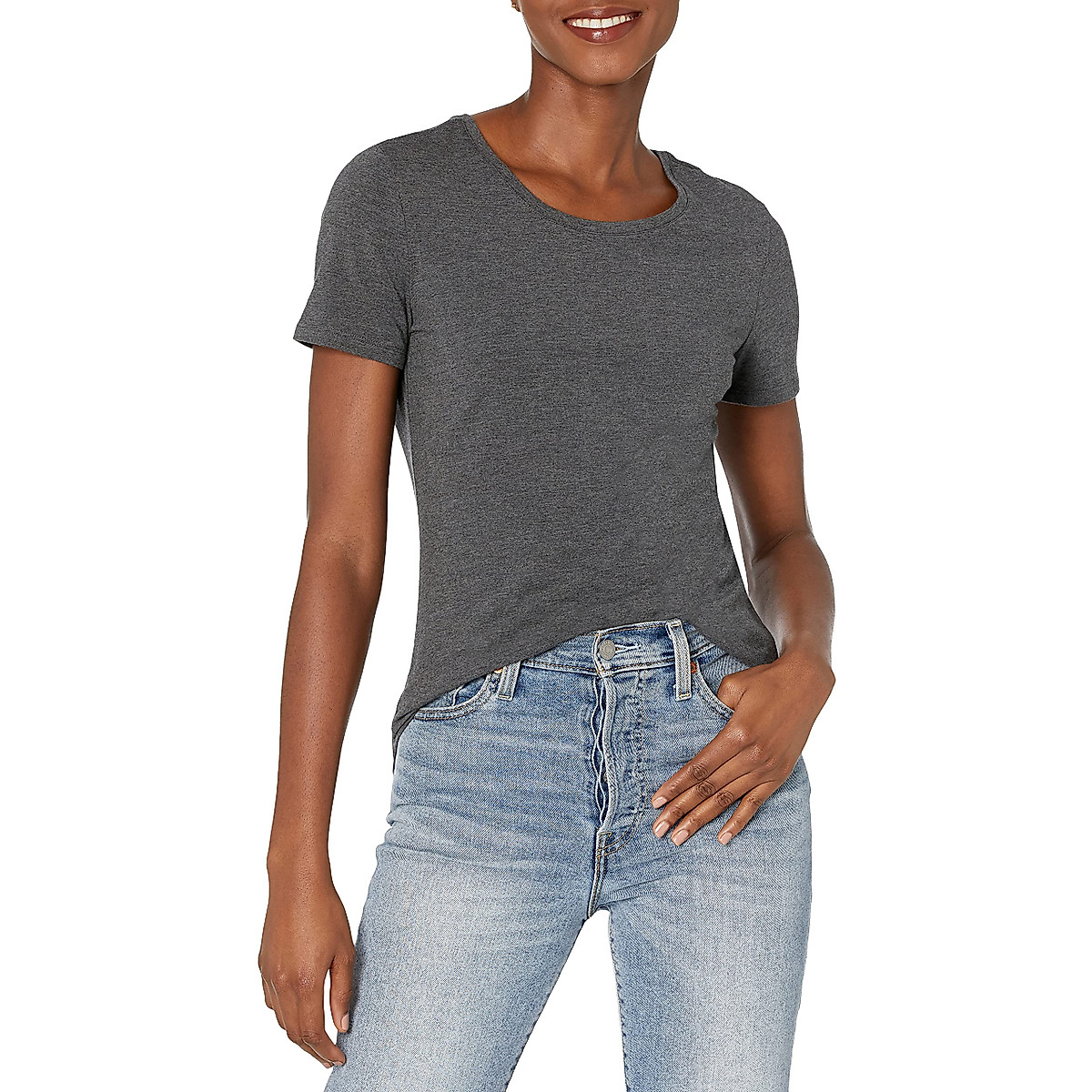 Amazon Essentials Women's Classic-Fit Short-Sleeve Crewneck T-Shirt, Pack of 2, Charcoal Heather/Light Grey Heather, Large