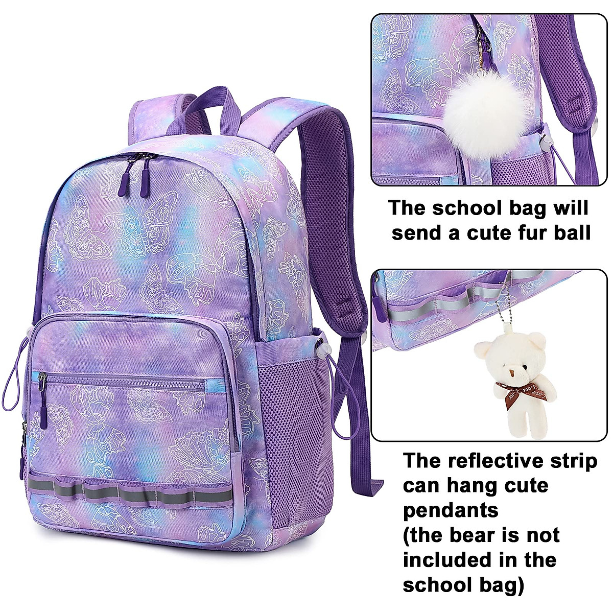 CAMTOP Backpack for Girls Luminous Water Resistant Lightweight School BookBag Casual Daypack for School Travel Hiking (Purple Butterfly)