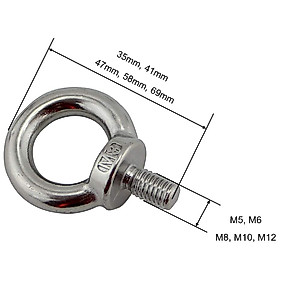 BOL-69071 2PCS Stainless Steel 304 JIS 1168 Thread Eye Bolt Rigging Hardware M5 M6 M8 M10 M12 Heavy Duty Hardened Steel Eye Bolt-(Dims: M8/ Type: Stainless Steel 304)