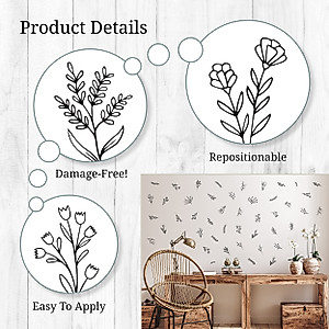 Small Black Flowers Peel and Stick Wall Decals - Set of 88 Flower Wall Stickers - 1"-4" Flower Wall Decor Floral Wall Decals