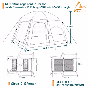 KTT Extra Large Tent 12 Person,Family Cabin Tents,2 Rooms,3 Doors and 3 Windows with Mesh,Straight Wall,Waterproof,Double Layer,Big Tent for Outdoor,Picnic,Camping,Family Gathering(Green)