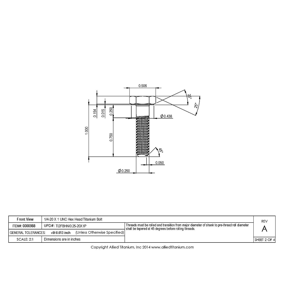 Allied Titanium 0000988, (Pack of 12) 1/4-20 X 1 UNC Titanium Hex Head Bolt, Grade 2 (CP)