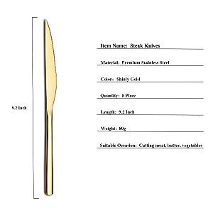 HOMQUEN Gold Steak Knives, 8 Piece Premium Stainless Steel Steak Knife Set, Meat Knife Sets, German Steak Knives Serrated, Tomato Knife, For Home, Kitchen or Restaurant, Dishwasher Safe (9.2 Inch)