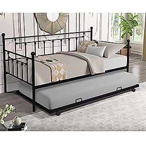 HUAYICUN Daybed with Trundle Twin Size Metal Frame Daybed and Roll Out Trundle (Black)