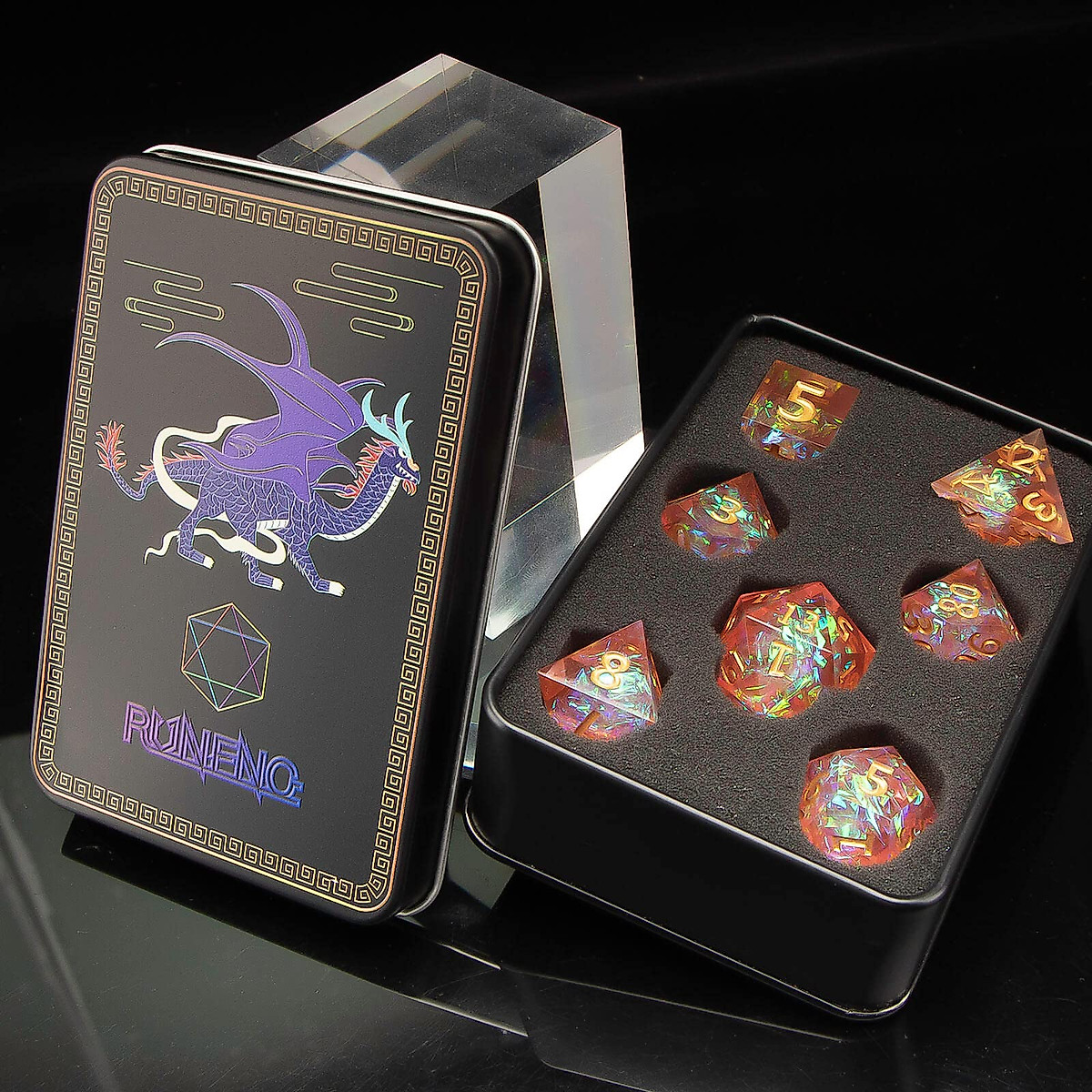 DND Dice Set Resin D&D Dice Set, RUNFNG Sharp Edges Dice for Dungeons and Dragons Role Playing Gaming, 7 Pcs D+D Polyhedral Dice Set with Gift Box