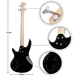 Electric Bass Guitar 4 Strings Full Size P Bass Beginner Kit Black for Starter with Gig Bag, Guitar Strap, and Guitar Cable (Black)