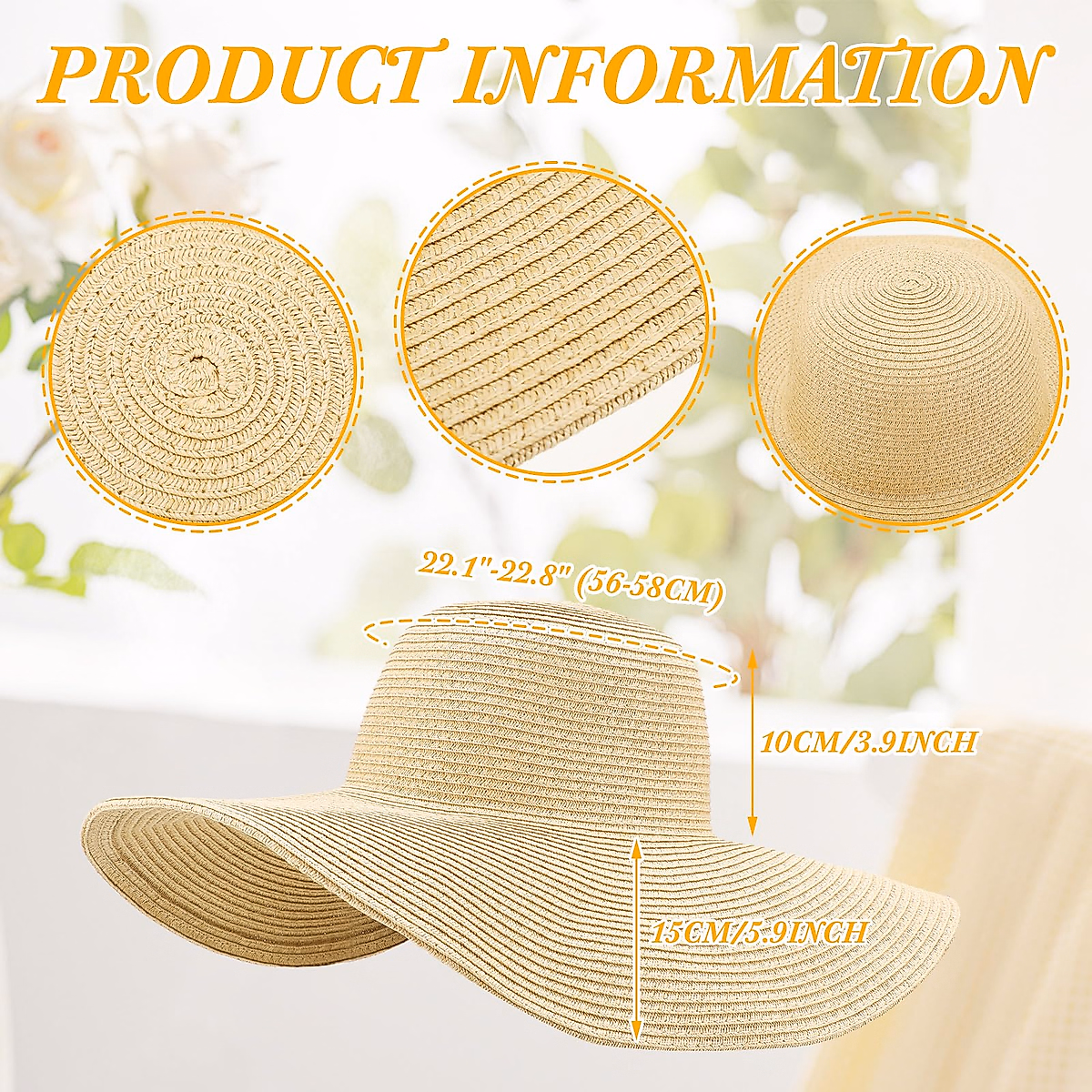 Sintuff 4 Pcs Women's Wide Brim Straw Hats Big Floppy Foldable Roll up Cap Beach Sun Hat UPF 50+ for Summer(Beige, Simple)
