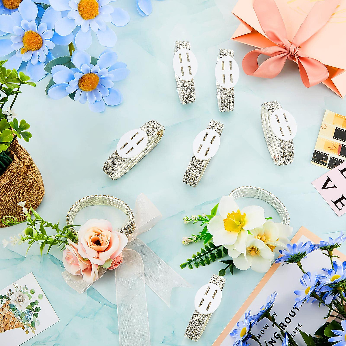 Henoyso 24 Pcs Wrist Corsage Bracelet for Wedding Rhinestone Elastic Bracelet DIY Flower Holder Design Accessories Prom Ceremony Anniversary Bridal Shower Party Accessories(Silver)
