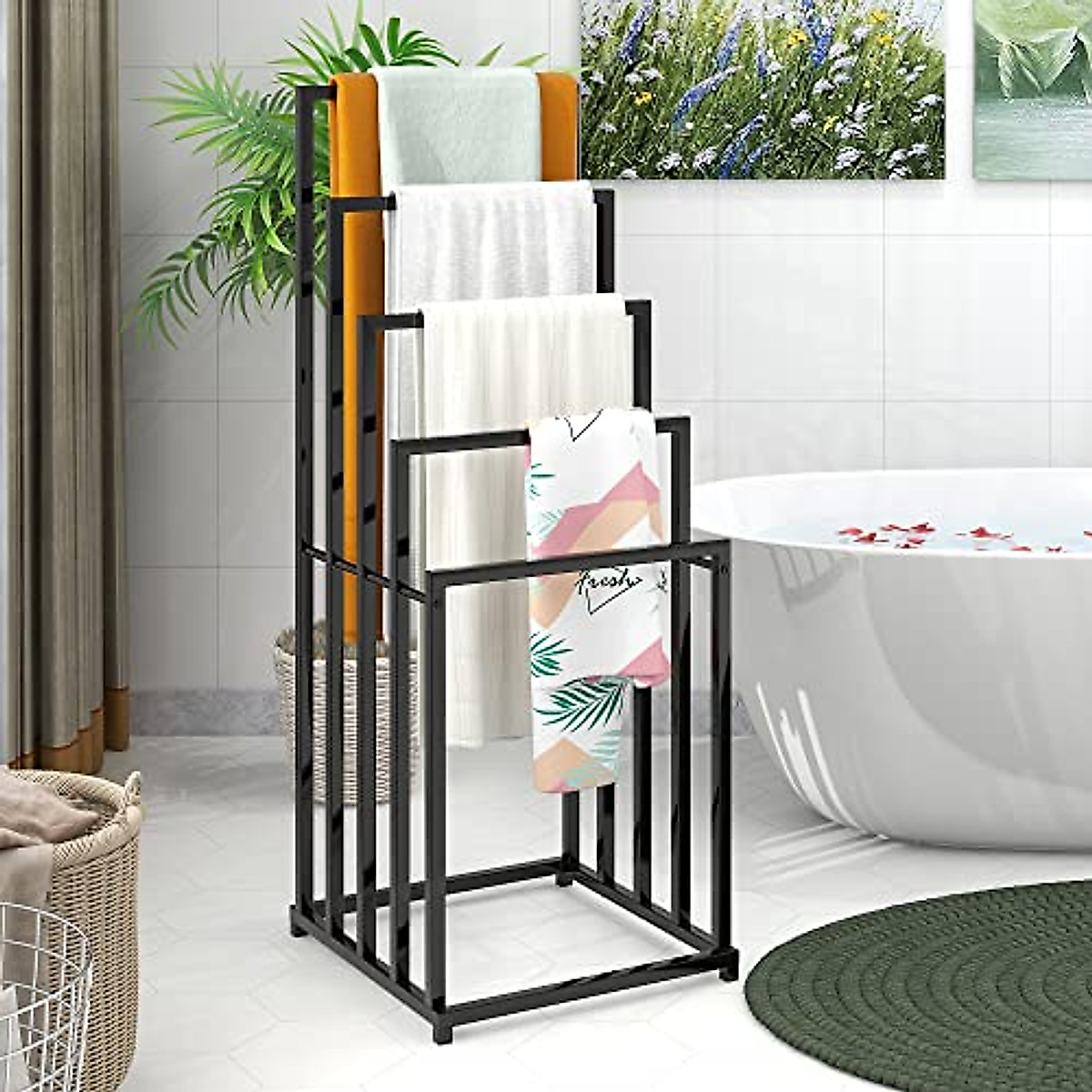 HAHRIR Black Metal 5-Tiers Stainless Steel Towel Racks ,Freestanding Towel Holder for Bathroom Accessories Organizer，for Bath Storage & Hand Towels&Washcloths& Blanket Rack
