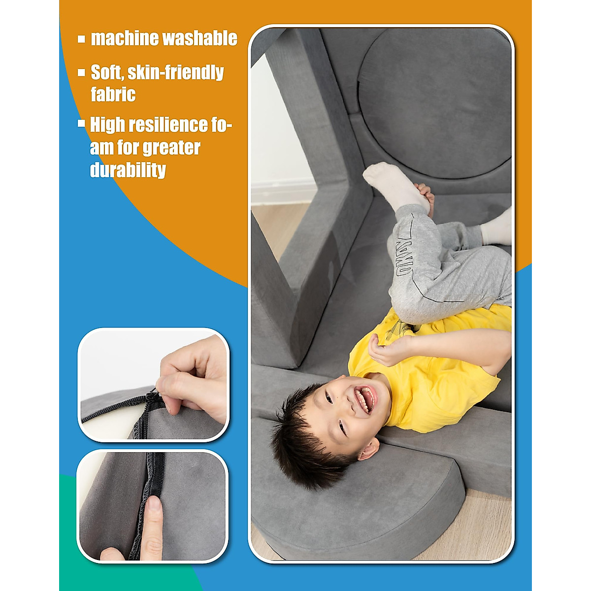 Manlilai Kids Sofa Couch 15PCS - Modular Toddler Play Couch with Removable Cover, Multifunctional Kids Couch for Playroom Bedroom - Convertible Foam Toddler Sofa for Girls and Boys (Gray)