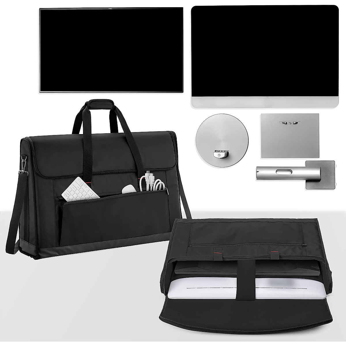 Trunab Monitor Carrying Case 24-27 Inch Padded Travel Bag Hold Up to 2 LCD Screens/TVs, Not Compatible with iMac, with Accessories Pocket, Shoulder Strap, PU Bottom, Black