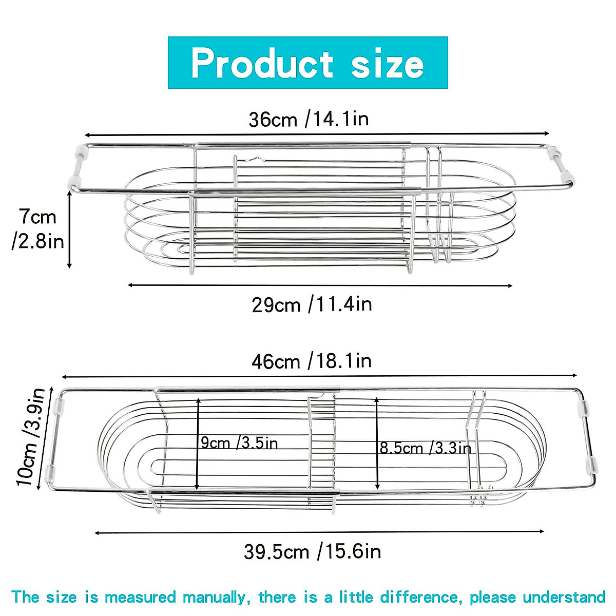 Retractable sink drain rack, 304stainless steel expandable sink storage rack, adjustable sink rack, kitchen sponge drying rack, sink tray, soap rack, breathable drainage (adjustable length 14in-18in)