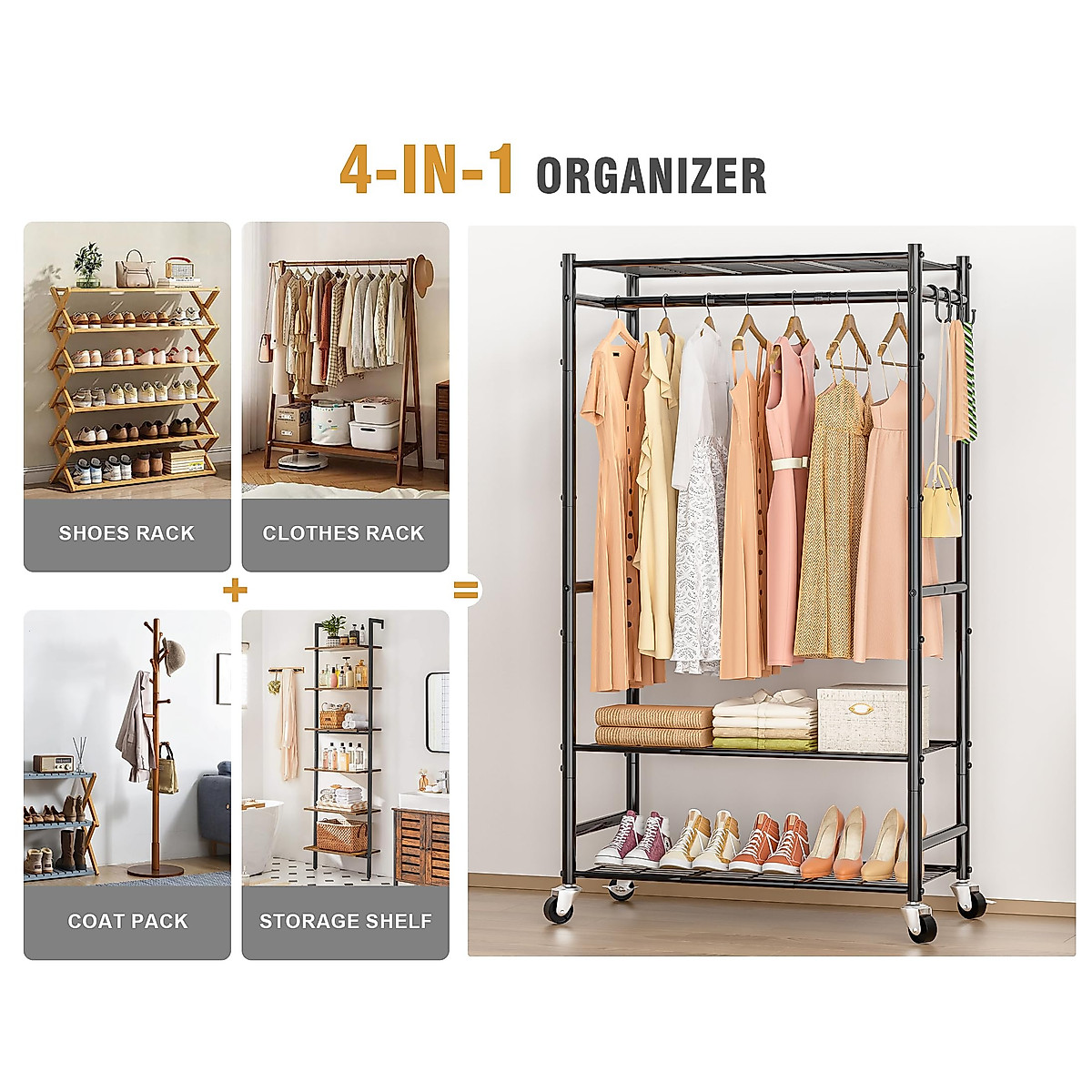 Neatrays Rolling Clothes Rack for Hanging Clothes,Heavy Duty Garment Rack with 3 Tier Wire Shelves,Freestanding Portable Clothing Rack Wardrobe Rack, Black