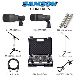 Samson DK707 7-Piece Drum Microphone Kit with 2 Tripod-Base Mic Boom Stands, Low Profile Microphone Stand with Telescoping Boom and 7 Premium XLR Mic Cables