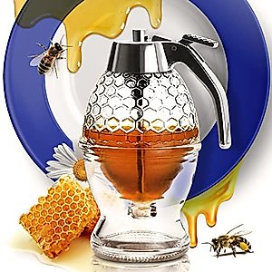 CLEVLI Honey Dispenser – Glass Honey Dispenser – No Drip 8 Oz –Honey Pourer Dispenser, Honey Pot with Stand – for Syrup, Sugar, Sauces, Jar with Non Slip Support, Flip Top Lid for Easy Works