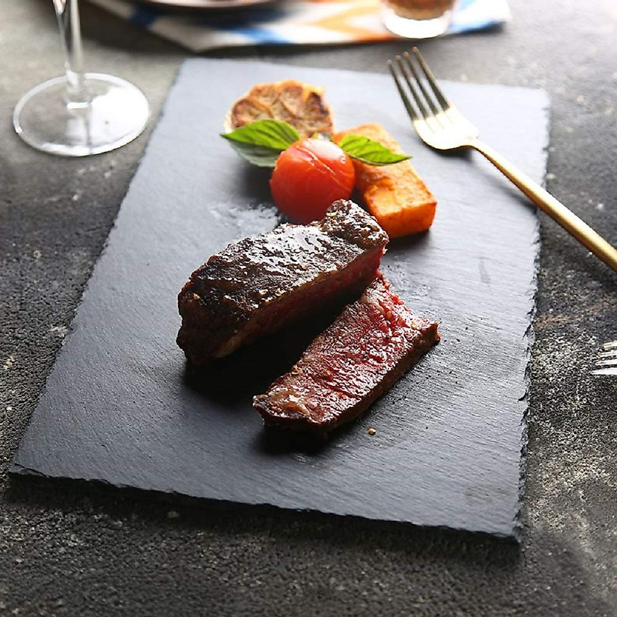 Lonovel Slate Cheese Board Natural Slate Cheese Plates for Kitchen Dining,Parties,Entertaining,8"x12" Slate Placemats Slate Serving Tray for Cake,Fruit,Biscuit,Meat,Charcuterie Slate Boards Set of 3
