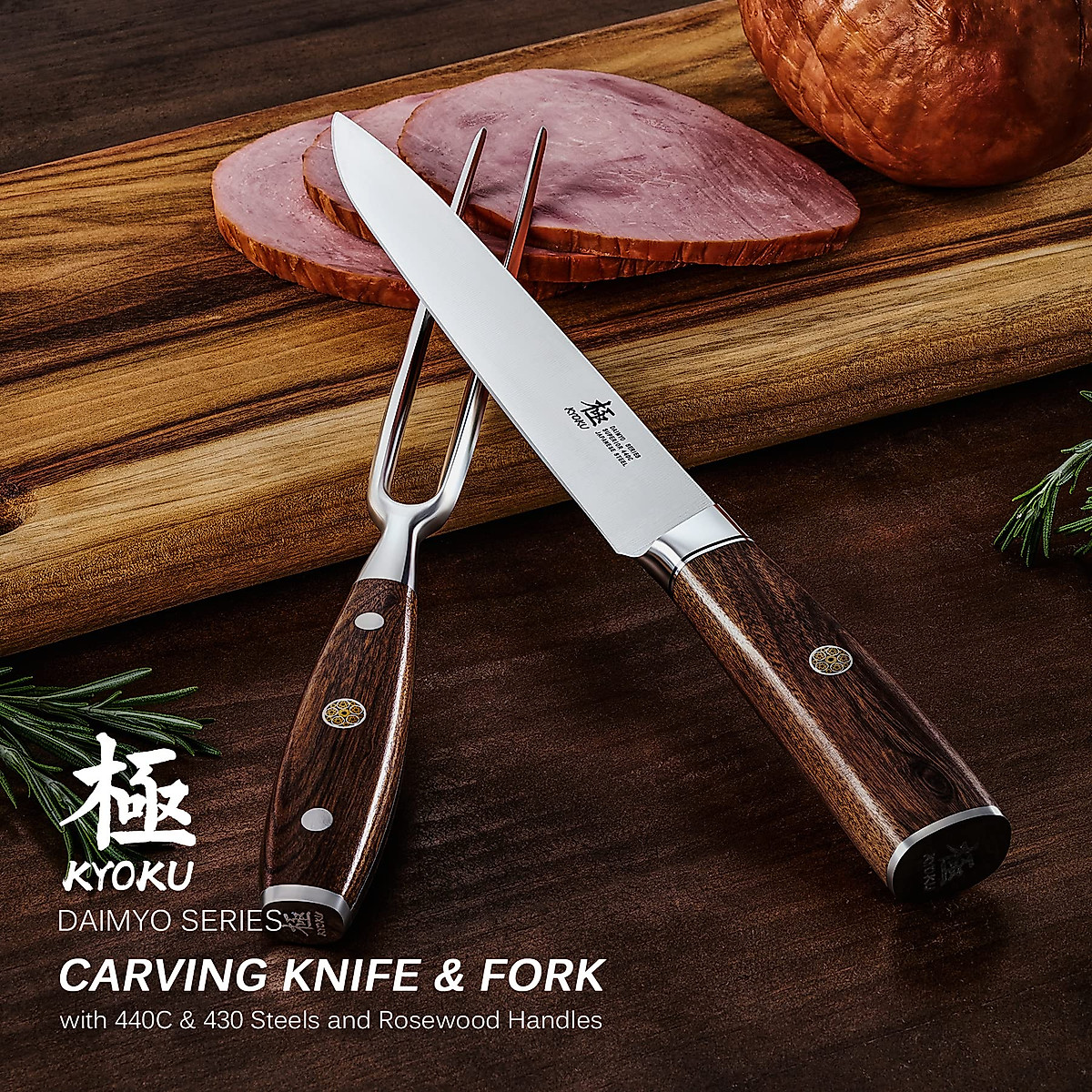 KYOKU Carving Knife Set, Daimyo Series 8" Carving Knife and Fork, Japanese 440C Stainless Steel Brisket Knife for Meat, Meat Carving Slicing Cutting Set with Rosewood Handles Mosaic Pins Sheath & Case