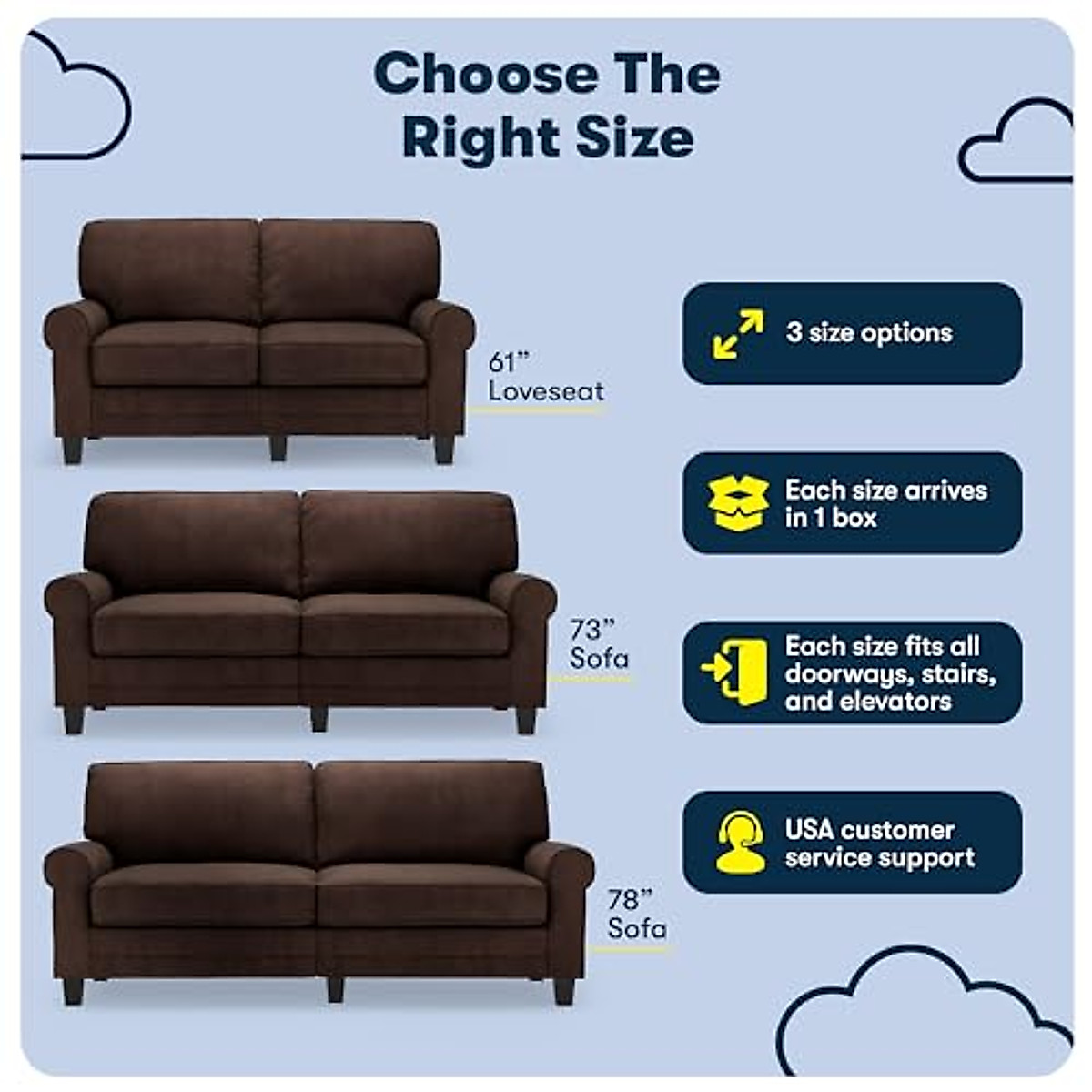 Serta Copenhagen Rolled Arm Sofa, Easy Care Polyester, Soft Pillow Back, Pocket Coil Seat Cushions, Removable Covers, Couch for Small Spaces, Living Rooms or Bedrooms, 61" Loveseat, Brown
