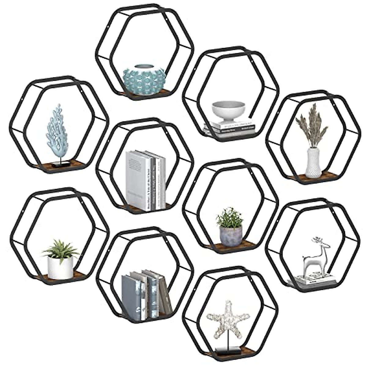 Hexagon Floating Shelves Metal Hexagonal Shelves Wall Mount Honeycomb Storage Shelves Set of 10 Modern Floating Black Display Rack for Wall Decor Geometric Hanging Shelf in Farmhouse Bed/Living Room