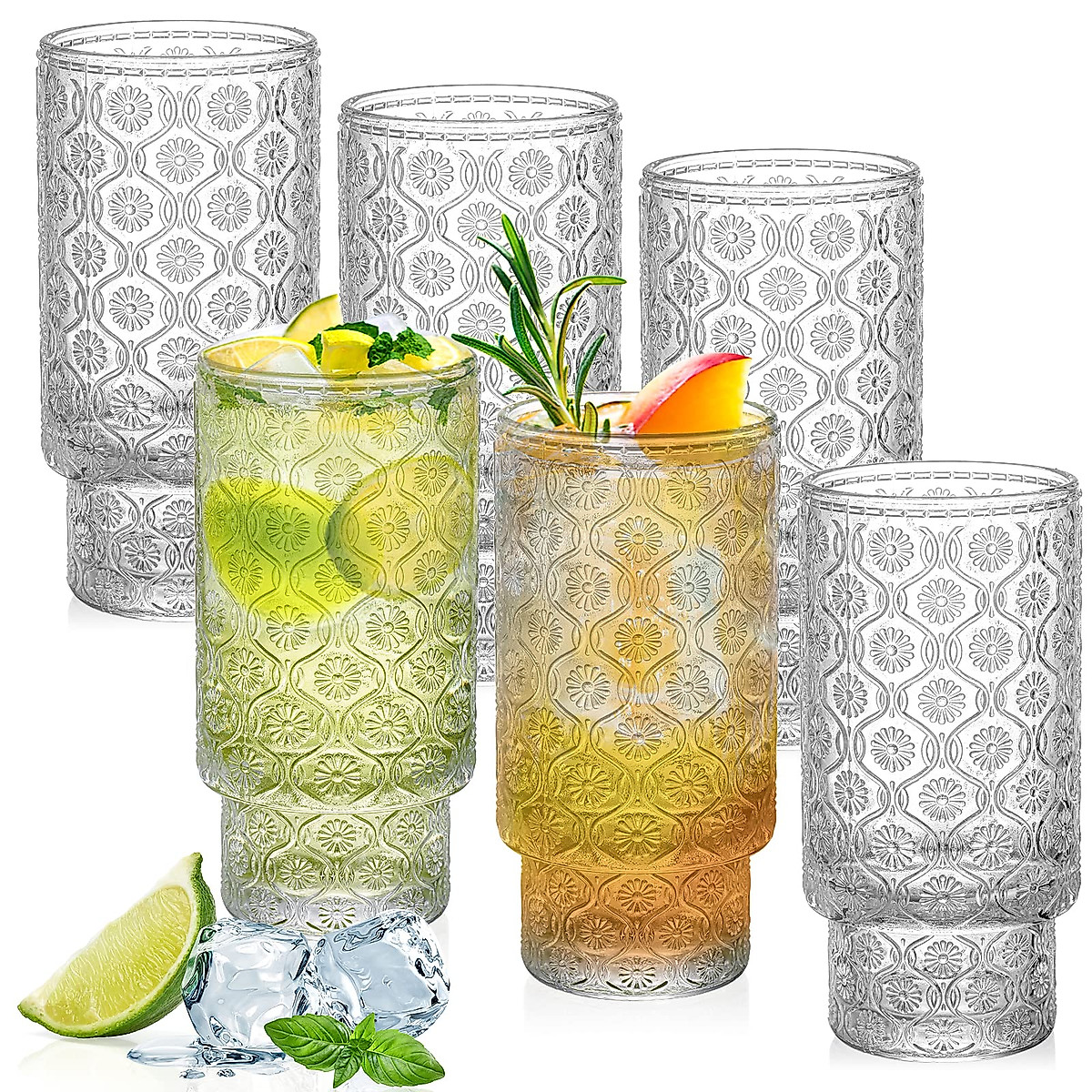 AVLA 6 Pack Vintage Drinking Glasses, 12 OZ Romantic Highball Glass Cup, Skinny Tall Cocktail Glass Tumbler, High Beverage Water Glassware, Tom Collins Barware Tumbler for Mojito, Juice, Beer, Soda