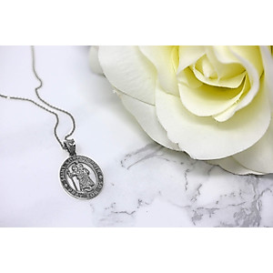 CaliRoseJewelry 10k Saint Christopher Pray for Us Oval Charm Pendant Necklace in White Gold, 16"