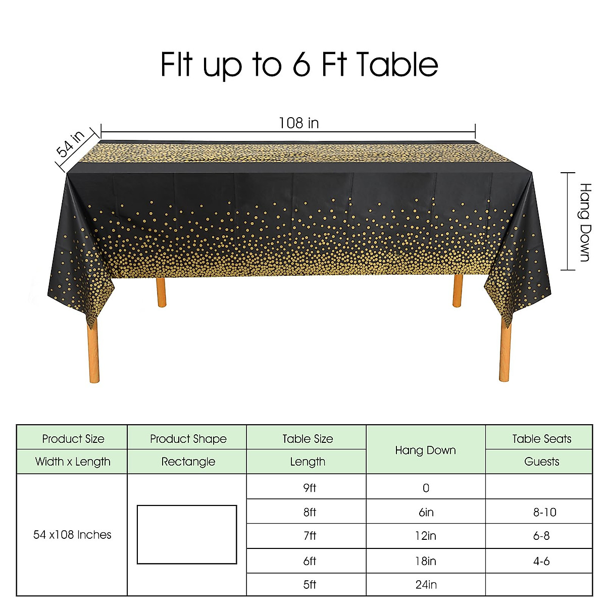 Melsan Disposable Table Cloth for Rectangle Tables, 3 Pack Black and Gold Plastic Table Cloths for Graduation, Retirement, 50th Birthday Party Decorations, 54×108 in