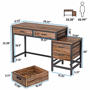 Tribesigns Computer Desk with 5 Drawers, Home Office Desks with Reversible Drawer Cabinet Printer Stand, Industrial PC Desk with Storage, Rustic Study Writing Table Workstation for Small Spaces