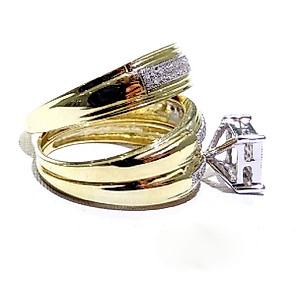 Rosie Collection Round Cut D/VVS 1 Diamond Men's Women's Matching Wedding Ring Set 14K Gold Over His Her Trio Ring Set Women's Size 10 & Men's Size 10