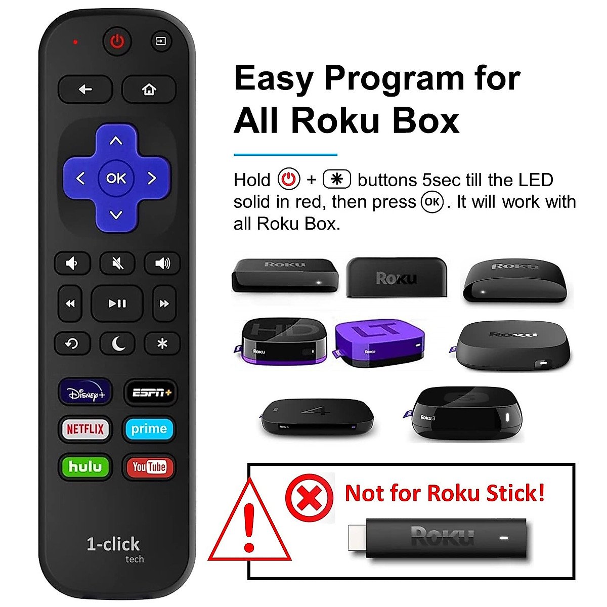 1-ClickTech Remote for Roku TV & Box [2-in-1 w/TV Power+Volume] - Compatible for Roku Express+/+, Ultra, Premiere, Streambar, 4/3/2/1 (Remote + Pine Green Cover)