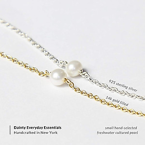 Single Pearl Necklace Choker, Simple Dainty Jewelry, White Handpicked Freshwater Pearl Pendant, 14K Gold Filled Chain, Made in USA, 13"-16" Adjustable (Pearl Choker/S925)