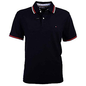 Tommy Hilfiger Men's Striped Collar Polo (Large, Black)