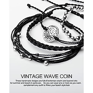 Mezcla Vida Bohemian Wave Coin Charms Black Beaded Handmade Braided Rope Surfing Woven Bracelets Sets For Women Teen Girls, Beach String Jewelry (BLACK)